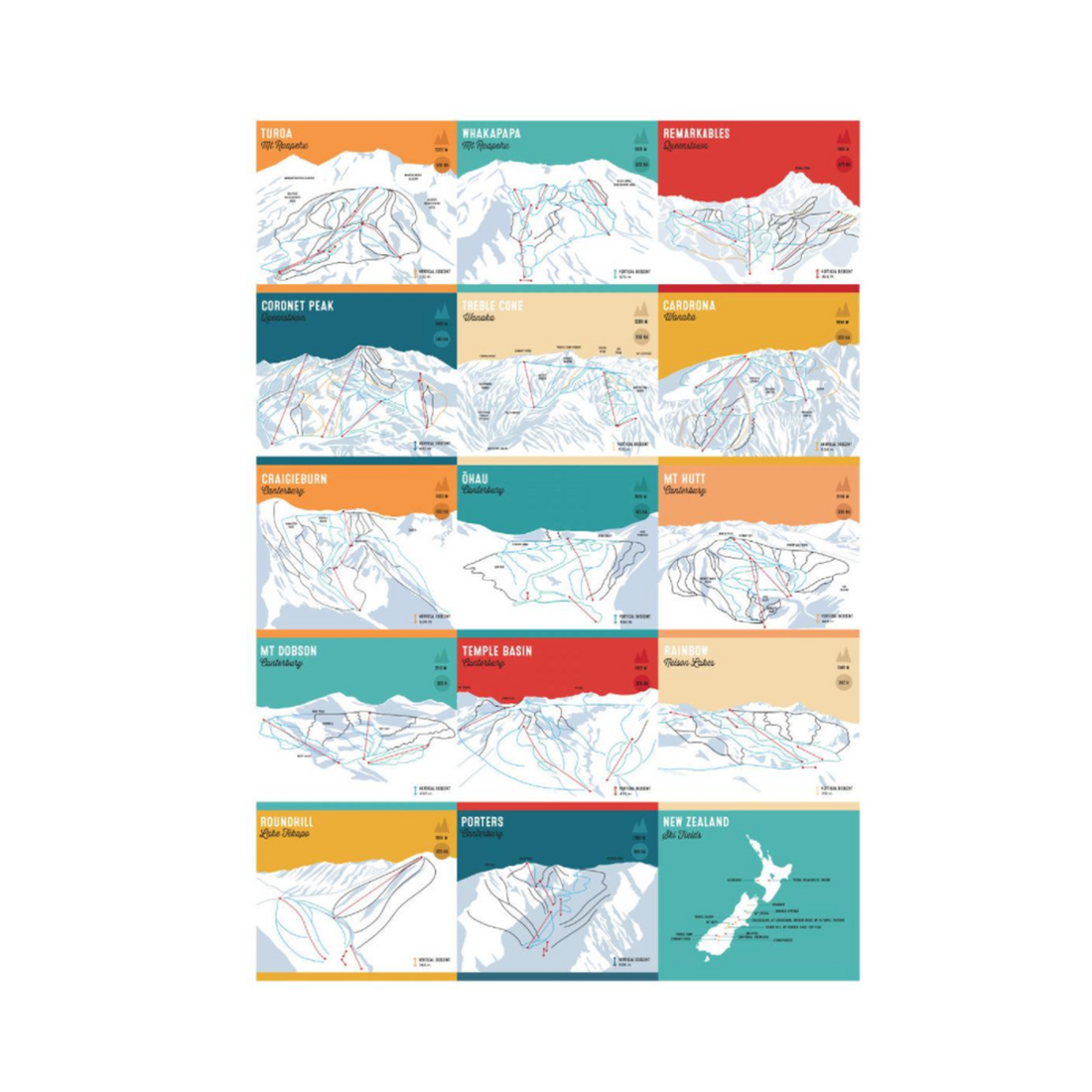 New Zealand Ski Trail Maps Art Print – The Old Schoolhouse NZ